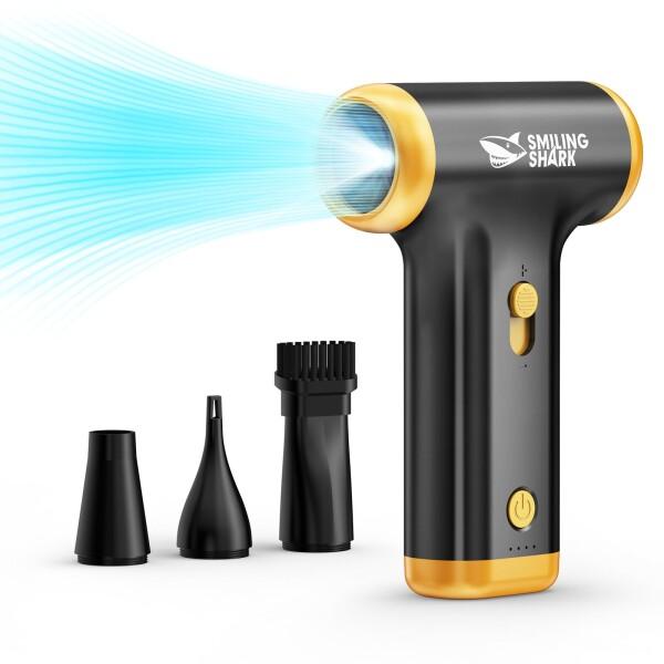 Smiling Shark 電動エアダスター JF01,超強力エアダスター 150000RPM 無段階風量調整 LEDライト付き 吹き出し/吸い込み/空気入れ 長時間連続使用 ブラシ付き Type-C充電式 残量表示 自動OFF機能 小型 ...