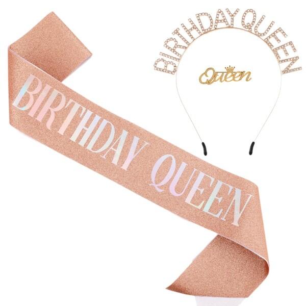 HUAZONTOM 誕生日 王冠 たすき ブローチ 3点セット 「BIRTHDAY QUEEN」 パーティーグッズ 誕生日カチューシャ パーティーハット バースデー 飾り 女の子 ローズゴールド 「バースデー女王」商品コード：4907321...