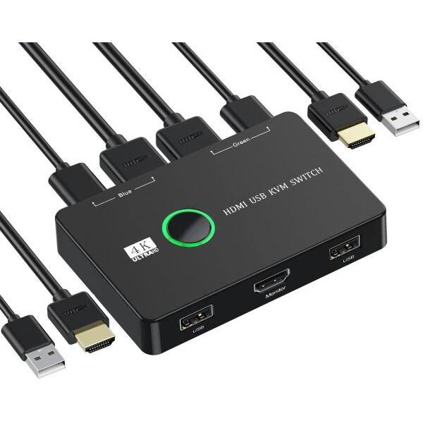 KVMスイッチ-NUIKOTI HDMI KVM切替器 2入力1出力 4K@60Hzをサポート 2台のコンピューター用のUSB スイッチ キーボードマウスプリンターと1台のHDモニターを共有 USBケーブル2本とHDMIケーブル2本付き商品...
