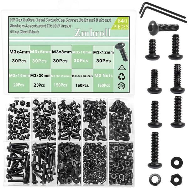Zmbroll M3ボタンヘッドソケットキャップネジ 640個 ネジボルトとナットキット M3x4/6/8/10/12/16/20mm 六角穴付きキャップフルマシンスレッド 10.9グレードスクリュー 黒酸化仕上げ 六角レンチ付き商品コード...