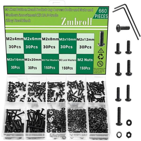 Zmbroll 660個 M2 ボタンヘッド 六角穴付きキャップネジ 全ねじメトリックマシン ネジ M2x4/6/8/10/12/16/20mm ミニスクリュー 10.9グレード 合金鋼 黒酸化物ボルト ナット ワッシャー 詰め合わせキット...