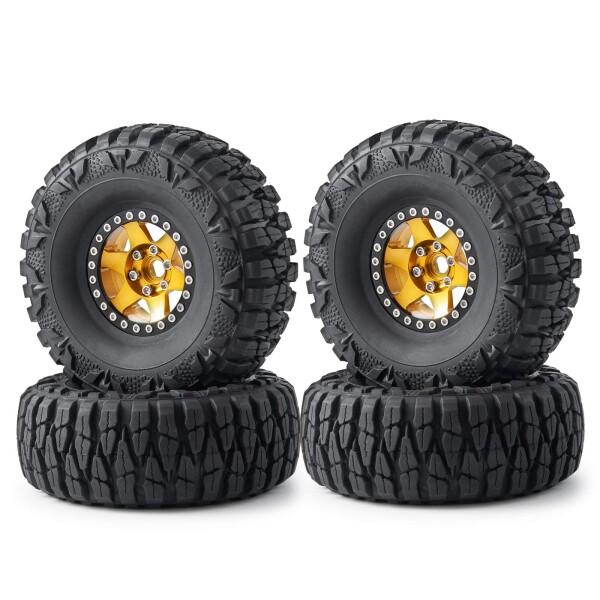 ラジコン カー 1.9インチ ビードロック ホイールリムゴムタイヤ Internal Beadlock Wheels Tires For 1 : 10 Axial scx10 d90 d110 RC車70番 (イエロー)商品コード：4907...