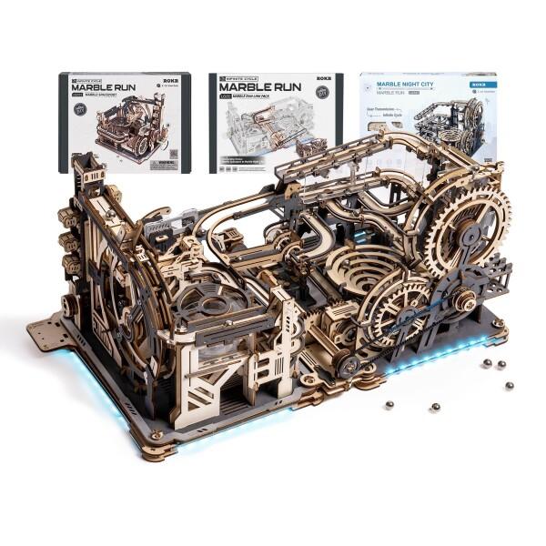 ROKR 立体パズル 電動マーブルラン LGC01＆LGA01＆接続部品 3点セット 可動式モデル マルチ遊び方 メカニカル 木製 3D ウッドパズル 工作キット DIY クラフト 組み立て 暇つぶし 知育玩具 中学生 男の子へのギフト 誕...