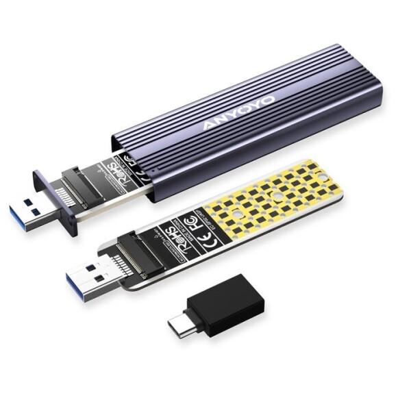 M.2 NVME SATA SSD ケース，Anyoyo USB 3.2 Gen 2 10 Gbps高速転送， M-Key/M+B Key SSD 外付けケース， 2242/2260/2280 M.2 NVME/SATA 両対応ケース 支持...
