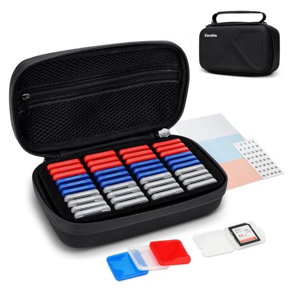 大容量 SDカード EVAハード収納ケース 40枚SD / SDHC/SDXC 収納可能 ポッケト付き小物収納 外付け 二重保護 撥水 防汚 耐衝撃 防塵 カードクリアケース&amp;ストラップ&amp;整理ラベルシール付き PU+EVA+...