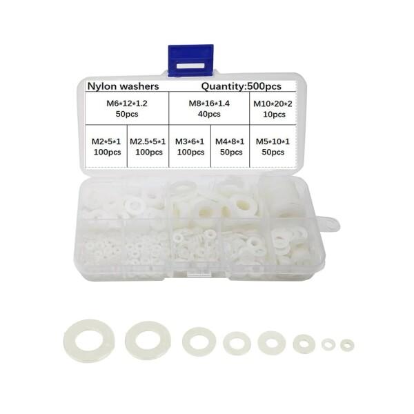 Solxion ワッシャー ナイロンフラット M2-M10（M2 M2.5 M3 M4 M5 M6 M8 M10） メントキット 500枚入り ナイロン絶縁 防水 補修 便利 収納箱付き (ホワイト)商品コード：49076262504型番：...