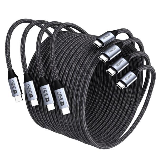 「BENFEI USB-Cケーブル 60W高速充電 4本セット (1M×2+2M×2 ブラック) 高い耐久性を実現するナイロン編組iPhone 16/15/Pro/Plus/Pro Max、iPad Mini、MacBook、Galaxy ...