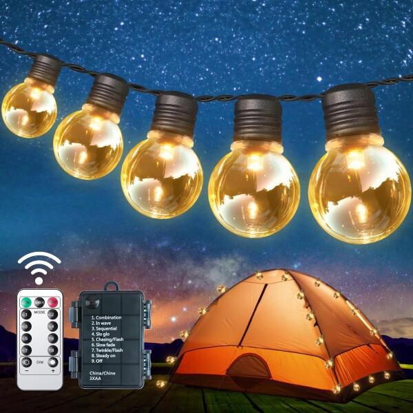 LEDストリングライト 防雨型 9M ガーデンライト 電池式 20個電球 G30 電球色 PC素材 破損しにくい 8種点灯モード リモコン付き 調光可能 タイマー機能 屋内屋外照明 イルミネーション フェアリーライト キャンプ 誕生日 結婚...