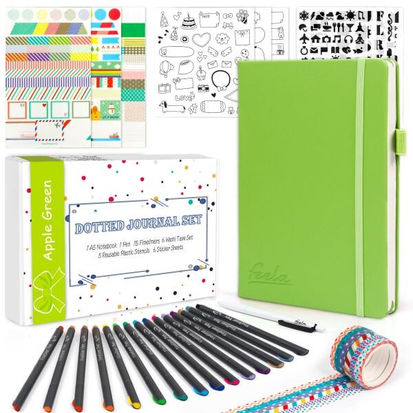 Feela バレットジャーナル ノート 合皮 A5サイズ ドット方眼 ペン付属（ライトグリーン）Feela Dotted Journal Set, 224 Numbered Pages Faux Leather A5商品コード：490764...