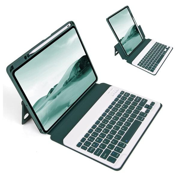 磁気吸着 iPad10.2 キーボードケース 縦置き iPad第7/8/9世代/Air3/Pro10.5兼用キーボード付きケース マグネット式 透明クリア背面カバー取り外し可能 ペンシル収納 全面保護 深緑商品コード：49076532775...