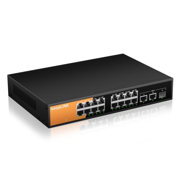 keepLiNK スイッチングハブ 16ポートGiga PoE (240W、 Giga PoE+ x16、Giga Uplink x2、1.25G SFP x1) 金属筺体 静音ファンレス 設定不要商品コード：49076532951型番：1...