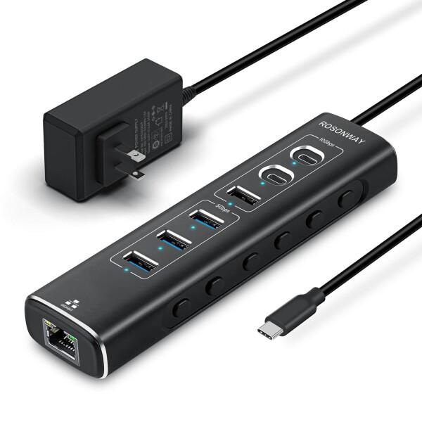 ROSONWAY USB ハブ10Gbps 7 in 1 LAN変換アダプター USB C 3.2x2 USB A 3.2x1 USB 3.0x3 アルミ製 USB HUB セルフパワーとバスパワー両用 12V 2A 電源 独立スイッチ付き...