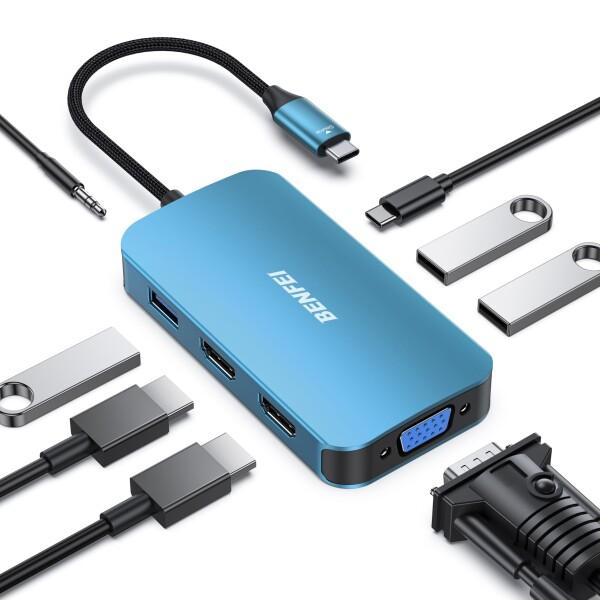 BENFEI USB C 8in1 ハブドッキングステーション, Docking station MST 2×HDMI VGA USB-C 3×USB 3.0 100W PD 充電 3.5mm オーディオジャック, iPhone 15 Pr...