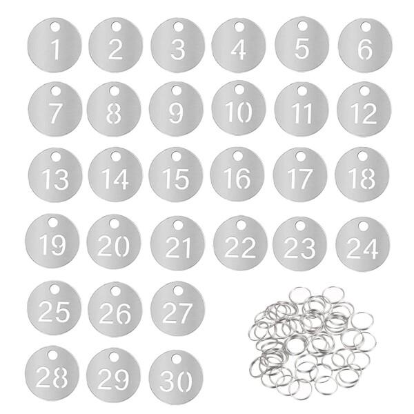 Hiitom ドア番号タグ クローク 両面 ドア番号札 荷札 コイルブレスレット付 ステンレス 業務管理用 ロッカー キーラベルタグ 防水 耐高温性 キーリング付き (20mm-1から30まで)商品コード：49076566822型番：140...