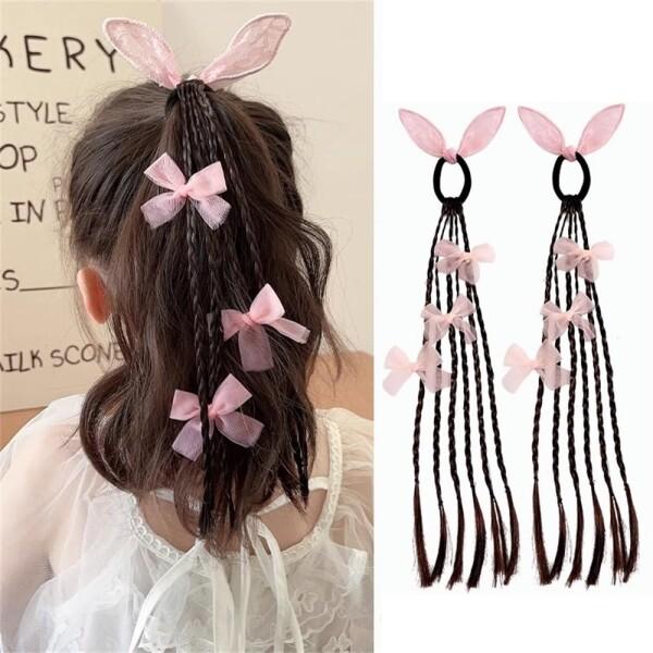SITEDAN ヘアエクステ キッズ 三つ編み ウィッグ リボン付き ダンス エクステンション 女の子 ポニーテール ウィッグ ツインテール 編み込み エクステ 付け毛 コスチューム 子供 イベント (ピンク)商品コード：490766565...