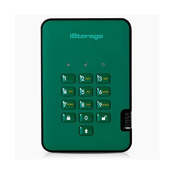 iStorage diskAshur2 HDD 2TBグリーン-安全なポータブルハードドライブ-パスワード保護、防塵、防水、ポータブル、ミリタリーグレードのハードウェア暗号化USB 3.1 IS-DA2-256-2000-GN商品コード：4...
