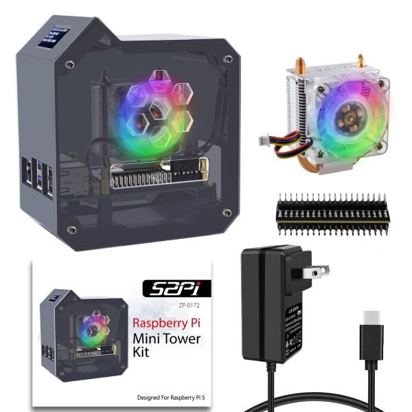 GeeekPi ミニタワーキット、Raspberry Pi 5 用 PD 27W 電源、ICE タワークーラーアクティブクーラー付き Raspberry Pi 5 ケース、Raspberry Pi 5 1GB/2GB/4GB/8GB 用 0...