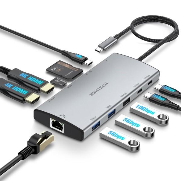 RSHTECH 11-in-1 USB-Cハブドッキングステーション HDMI 2つ 4K@60Hz 単一出力8K@30Hz 2画面出力 MST機能 100W PD急速充電 USB A&amp;C 3.2 10Gbps データ転送 1Gbp...