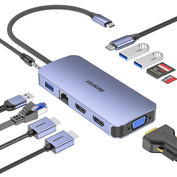 BENFEI USB-C 11-in-1 マルチディスプレイドッキングステーション 高耐久シリコンケーブル付属 トリプルHDMI/VGA/3USB3.0/SD&amp;TFカードリーダー/ギガビットLAN/100W PD充電/3.5mmオー...