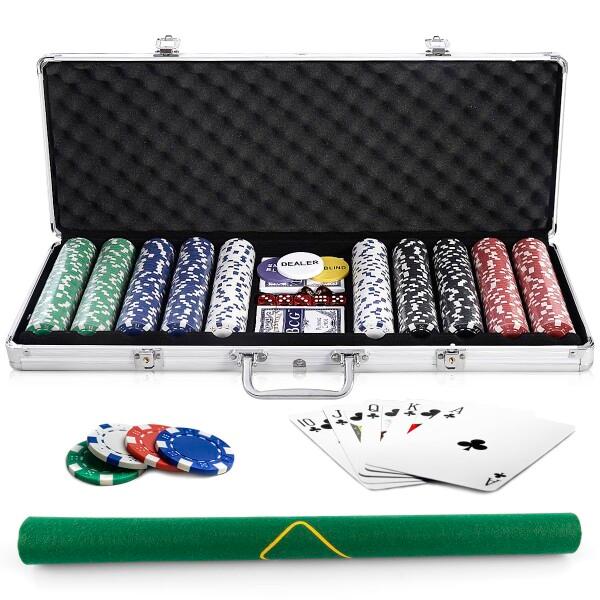 GIANTEX ポーカーチップ 500枚 5色 数字なし カジノ11g ポーカーセット アルミケース 鍵付き ポーカーマット付き ダイス5個 ボタン3個 トランプ2組 カジノチップ チップセット テキサスホールデム対応 家遊び (11g50...