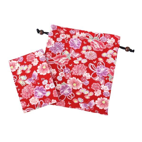 和柄 御朱印帳 巾着 セット 集印帳 ご朱印帳入れ 16×10.9cm ちりめん 綸子 蛇腹式 24折48面 (花と蝶赤)商品コード：49077591640型番：6907-setカラー：花と蝶赤巾着【サイズ・生産地】22×24cm・日本製【...