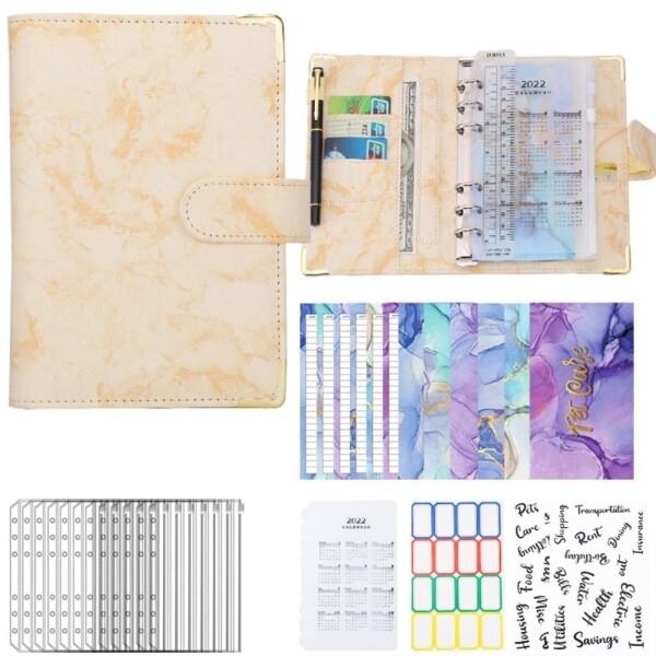 J-ouuo A6バインダー予算書 6リング予算バインダー 大理石模様 PUレザー ジッパーバッグ ラベル付き ステッカー ファスナーA6バインダーポケット ルーズリーフバッグ ブックバインダーカバー システム手帳 現金封筒 現金整理 節約...