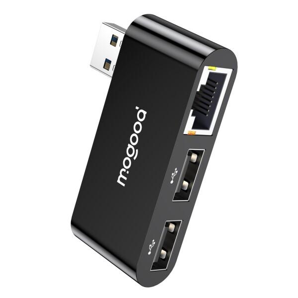 MOGOOD LANアダプター Type A to RJ45 2*USB 2.0とRJ45 1000 MbpsのUSBハブ付き、MacBook Pro/Air、XP、Windowsなどに適した黒いイーサネットLANアダプタ商品コード：490...