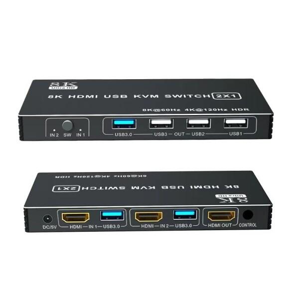 kvmスイッチ hdmi 8K USB3.0 スイッチャー HDMI切替器 2ポートHDMI2.1 HDCP2.2 Ultra HD 7680x4320@60Hz、3840x2160@120Hz 3D/HDRスプリンターUSB キーボード/...