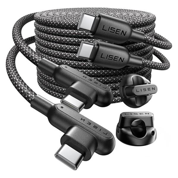 LISEN USB C &amp; USB C ケーブル 急速充電 2m USB PD 100W 2個コードホルダー,充電コード タイプc ケーブル L字 480Mbpsデータ転送 Type-c ナイロン編み ゆーえすびータイプc iPho...
