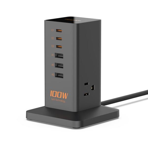 usb充電器 type-c 電源タップ タワー 100W 延長コード 2m PD スマホ急速充電器 usb コンセント usb c付き 6ポート3AC差込口 GaN採用 MacBook iPhone Galaxy Android など機器対...