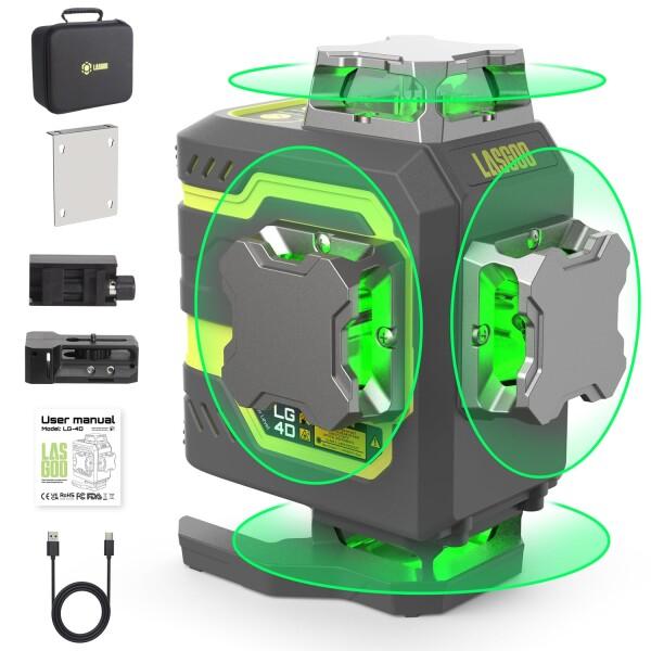 LasGoo LG-4D 16 緑色レーザービーム 4×360° レーザーレベル、水平および垂直の両方向レイアウトが可能なセルフレベリングツール、建設や壁掛け用途に最適、磁気ピボットブラケット付き商品コード：49077743048型番：LG...