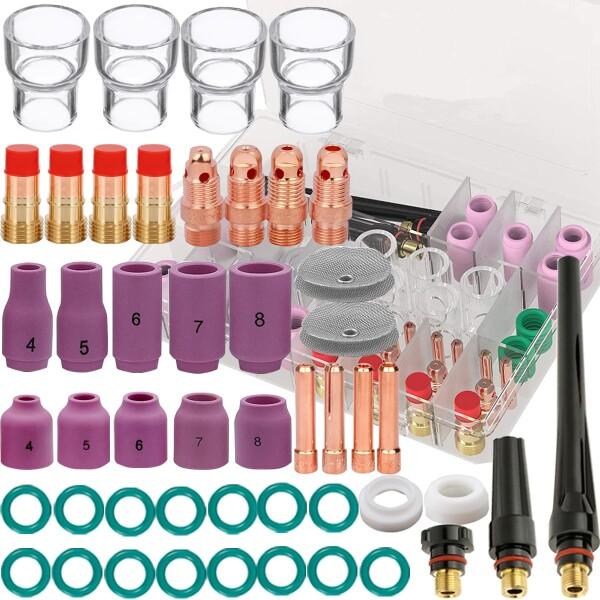 EATBALE 48 PCS 対応TIG 溶接トーチスタビーガスレンズ ＃12ガラスカップキットWP-17/18/26用10アルミナノズル、8コレットボディ、4コレット、3バックカップ、2ディフューザー、15 Oリング、2カップガスケット付...