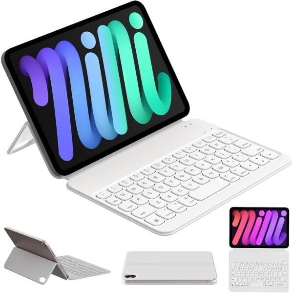 業界超薄・軽量HOU 対応 iPad mini 6/7(A17 Pro)キーボード付きケース、0-180°角度調整、マグネット充電、残量表示、傷や摩耗に強いセミシリコンPU生地、開口部なし設計、英?配列商品コード：49078188709型番...