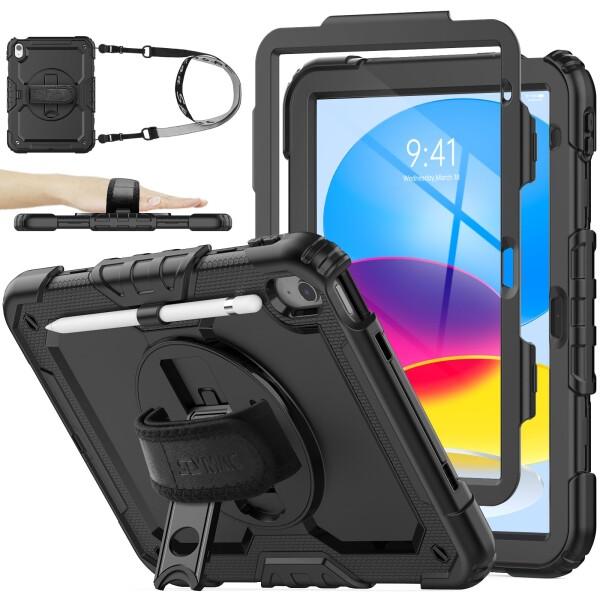 SEYMAC stock iPad(A16) 第11世代/第10世代専用ケース 耐衝撃 ペンホルダー フィルム付き前面カバー 横置き縦置きスタンド 360度回転ハンドストラップ ショルダーストラップ付き（ブラック）商品コード：4907818...