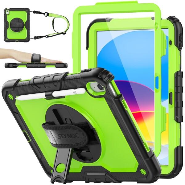 SEYMAC stock iPad(A16) 第11世代/第10世代専用ケース 耐衝撃 ペンホルダー フィルム付き前面カバー 横置き縦置きスタンド 360度回転ハンドストラップ ショルダーストラップ付き（グリーン）商品コード：4907818...