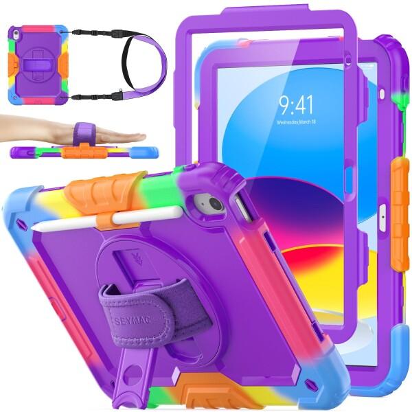 SEYMAC stock iPad(A16) 第11世代/第10世代専用ケース 耐衝撃 ペンホルダー フィルム付き前面カバー 横置き縦置きスタンド 360度回転ハンドストラップ ショルダーストラップ付き（色とりどりパープル）商品コード：49...