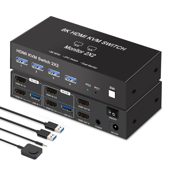 HDMI KVM 切替器 2PC デュアルモニター USB3.0 KVM スイッチャー 4K 144Hz HDMI 2入力2出力 USB3.0 ハブ スイッチ セレクター 2PC 共有 4口 USB キーボード マウス 手動 引き出しコント...