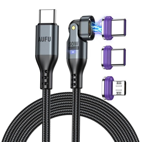 AUFU USB-B/USB-C マグネットケーブル 2M 60W 3A 急速充電 Ｌ字型 180°回転可 16pin PD対応 Type C 充電ケーブル 1本2役 480Mpbs高速データ転送 片手操作 タイプc マイクロb Type-...