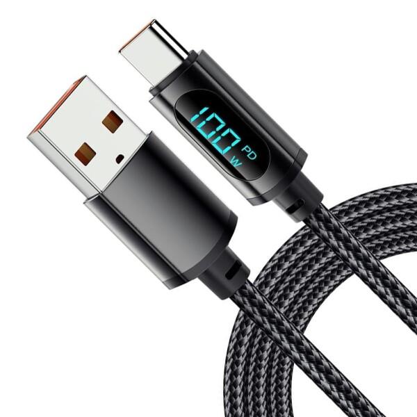 USB-C ケーブル 7A 100W 急速充電対応 デジタル表示付き USB Type-C ケーブル アルミ合金外装 高耐久ナイロン編み ブラック For MacBook/iPad Air/Pro/Xperia/GalaxyなどのUSB-C...