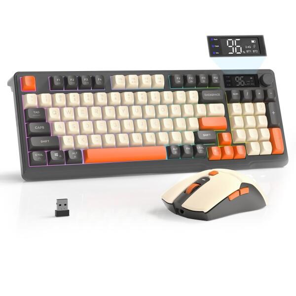 FREEWOLF×ZIYOULANG M96 セット ゲーミングキーボードメンブレンキーボード ワイヤレス2.4G/Bluetooth 2モード接続RGB 94キー テンキー付き MAC、Windows、Linux対応 マルチメディアノブ ...