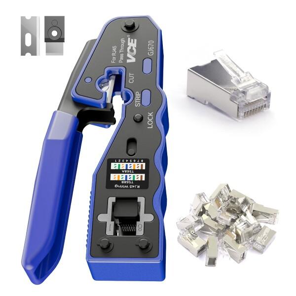 VCE RJ45圧着工具+貫通式 RJ45コネクタ 25セット CAT6 CAT5E CAT5 シールド付き 干渉防止 配線簡単 STP/UTP対応商品コード：49078751974型番：GJ670BL+SJ660-25P-JPカラー：ブル...