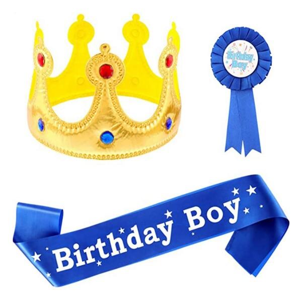 (Morices) 誕生日 王冠 たすき ブローチ 3点セット Birthday Boy パーティーグッズ クラウン パーティーハット 男の子 子供 誕生日パーティー 飾り 撮影 パーティー小物 誕生日小道具(Style-A)商品コード：4...