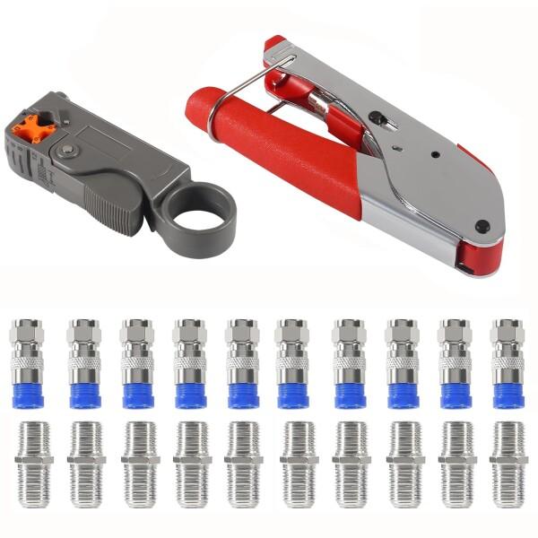 DIANN Coax Cable Crimper Tool Kit Coaxial Compression Tool Fitting Wire Stripper with 10pcs RG6 F Type Connector and 10p...