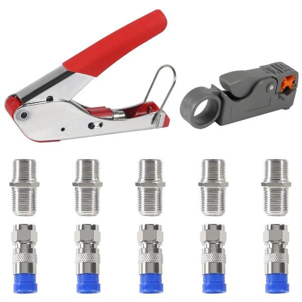 ALMOCN 同軸ケーブルクリンパーツールキット 同軸圧縮ツールフィッティング ワイヤストリッパー RG6 Fタイプコネクタ5個 + RG6同軸ケーブルエクステンダー5個付き商品コード：49078884337型番：NOカラー：ブラック同軸ケ...