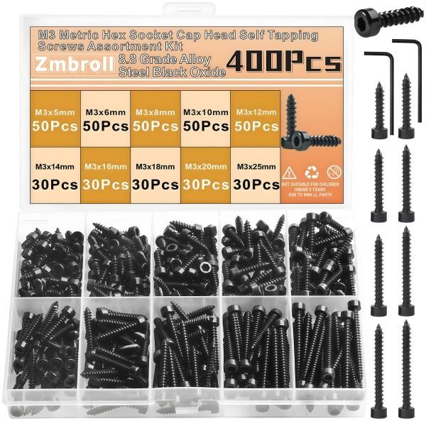 Zmbroll M3 ソケットヘッドキャップ セルフタッピングねじ ブラック グレード 8.8 炭素鋼 メトリック 400個 M3x6/8/10/12/14/16/18/20/25/30mm ソケット アレンヘッド セルフドリルファスナー ...