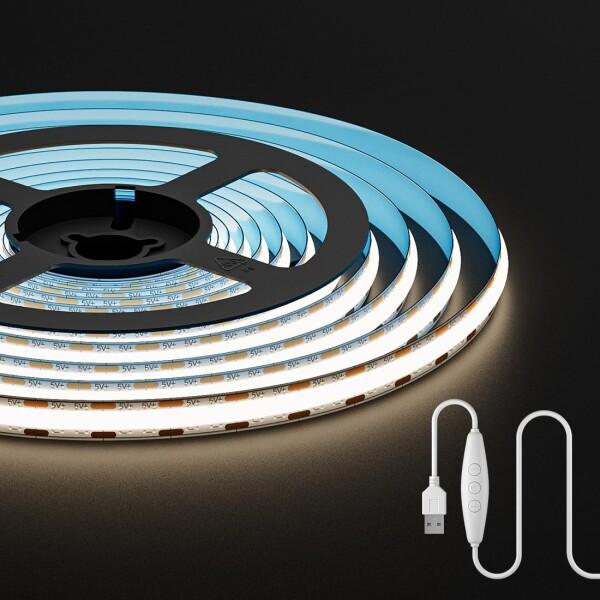 FCOB COB LEDテープライト USB 320LEDs/m 1M 昼白色 4000K フレキシブル 高密度 調光器付き 10段階調光可能 幅8mm ストリップライト DC5V 6W/m 変形可能 切断可能 寝室 キッチンホーム 屋内装...