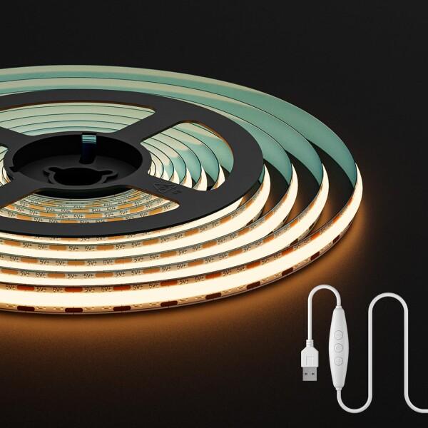 FCOB COB LEDテープライト USB 640LEDs/2m 2M 電球色 3000K フレキシブル 高密度 調光器付き 10段階調光可能 幅8mm ストリップライト DC5V 6W/m 変形可能 切断可能 寝室 キッチンホーム 屋内...