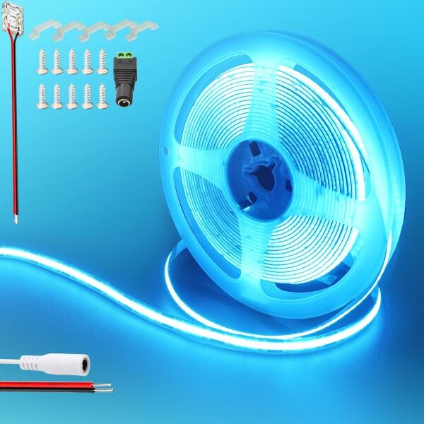 クリアヒル(Clearhill) 12V COB LEDストリップライト, 5M アイスブルーライト 480LEDs/m, 5521DCメスコネクターと赤黒リード線付属, 幅8mm 非防水IP20 180°発光CRI>=90 両面テー...