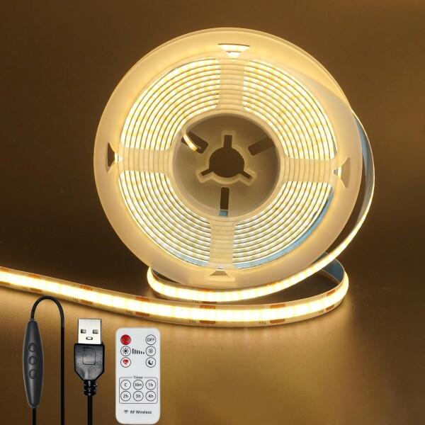 クリアヒル（Clearhill）5V COB LEDストリップライト リモート調光スイッチ付き 2M 温白色 3000K 320LED/m 幅8mm 8W/M CRI90 両面テープ変形可能 切断可能 防水IP20 1.5M USBスイッチ...