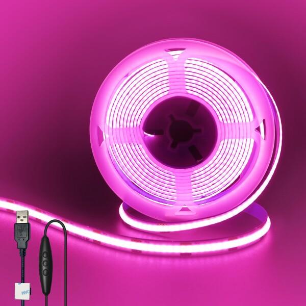 クリアヒル（Clearhill）5V COB LEDストリップライト 調光可能 2M ピンク 幅8mm 320LEDs/M、8W/M、高密度CRI90 強力な光 両面テープ変形可能 切断可能 非防水IP20 電源コードスイッチ、5段調光、1...